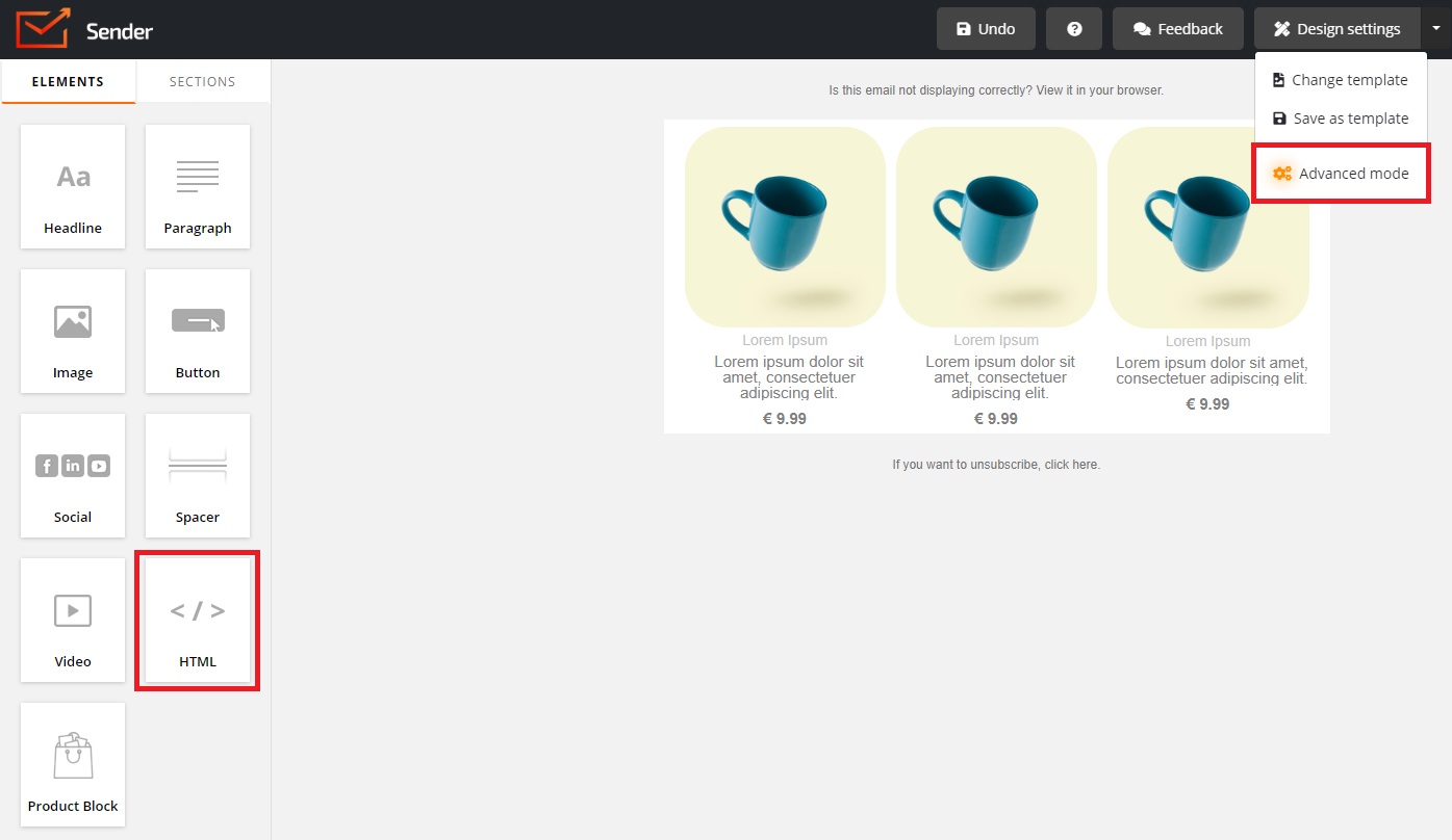 The HTML element in Design Editor – Sender Help Center