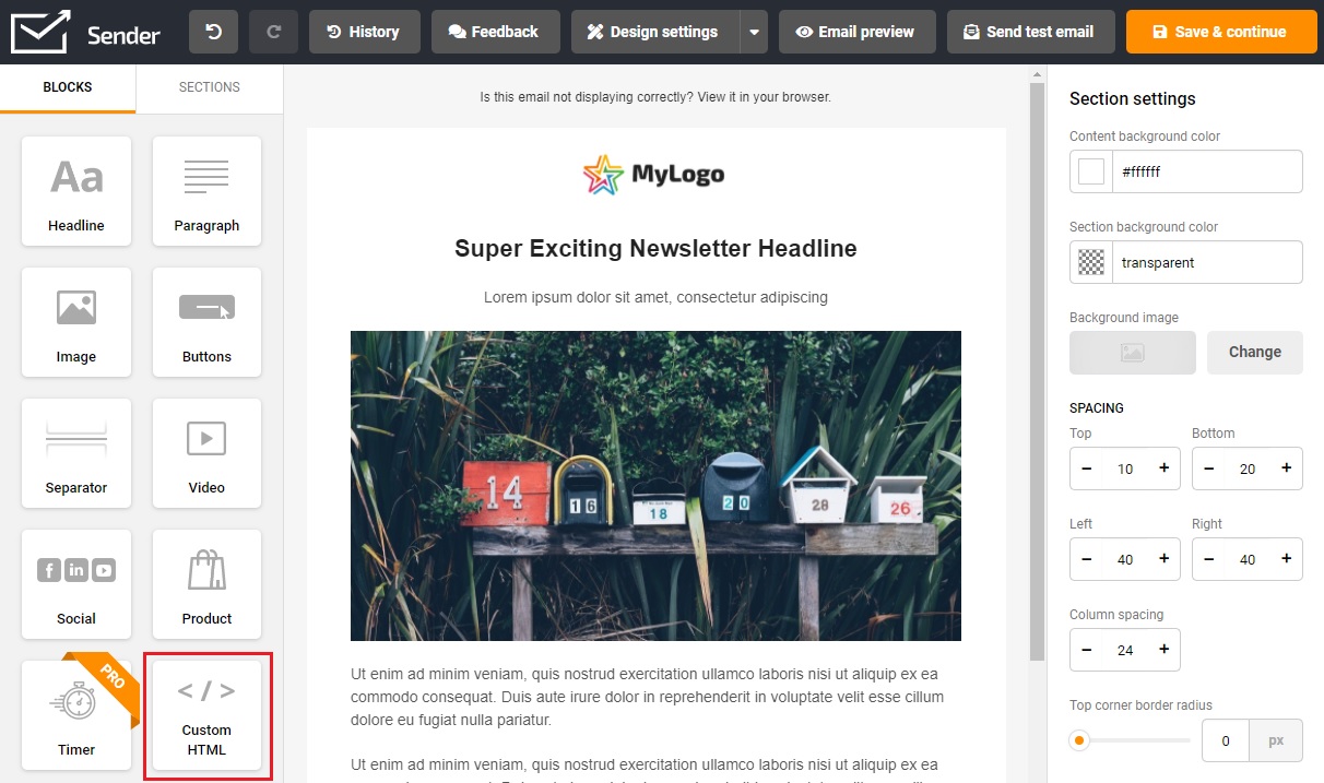 The HTML element in Design Editor – Sender Help Center