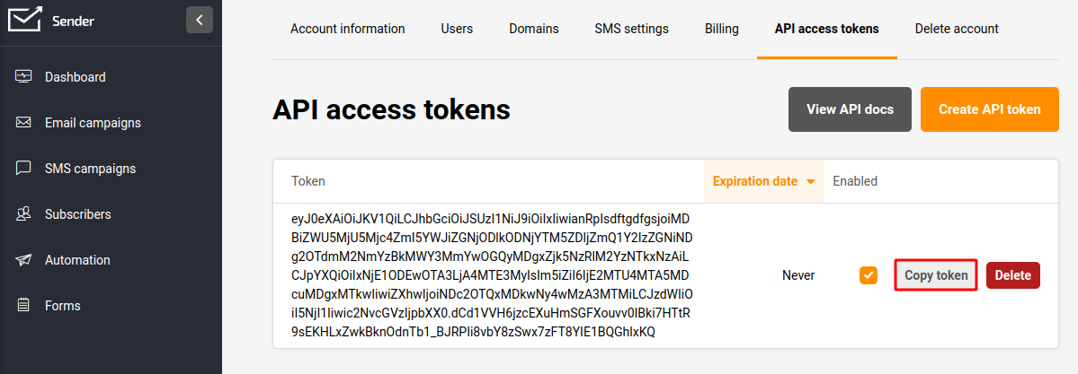 Authentication and API access tokens – Sender Help Center