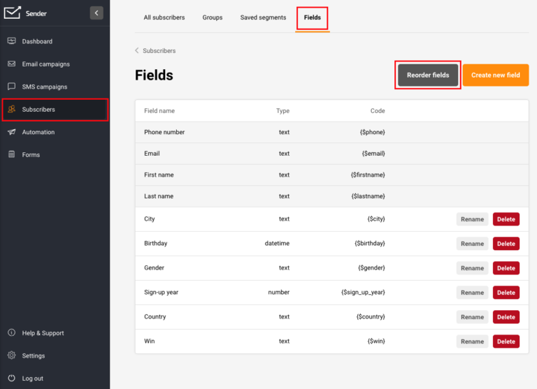 How to reorder subscriber fields – Sender Help Center